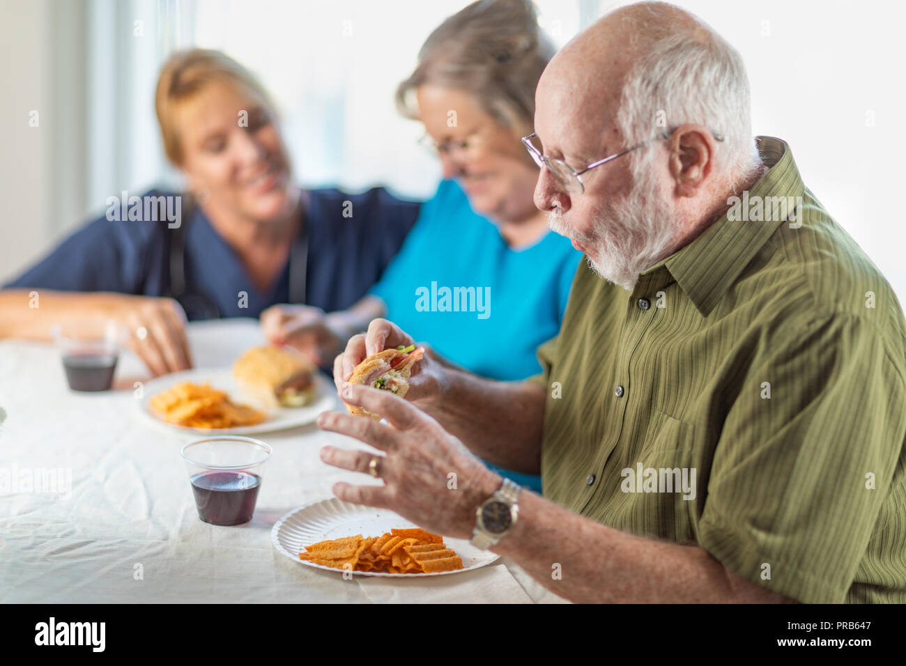 Female Doctor or Nurse Serving Senior Adult Couple Sandwiches at Table ...