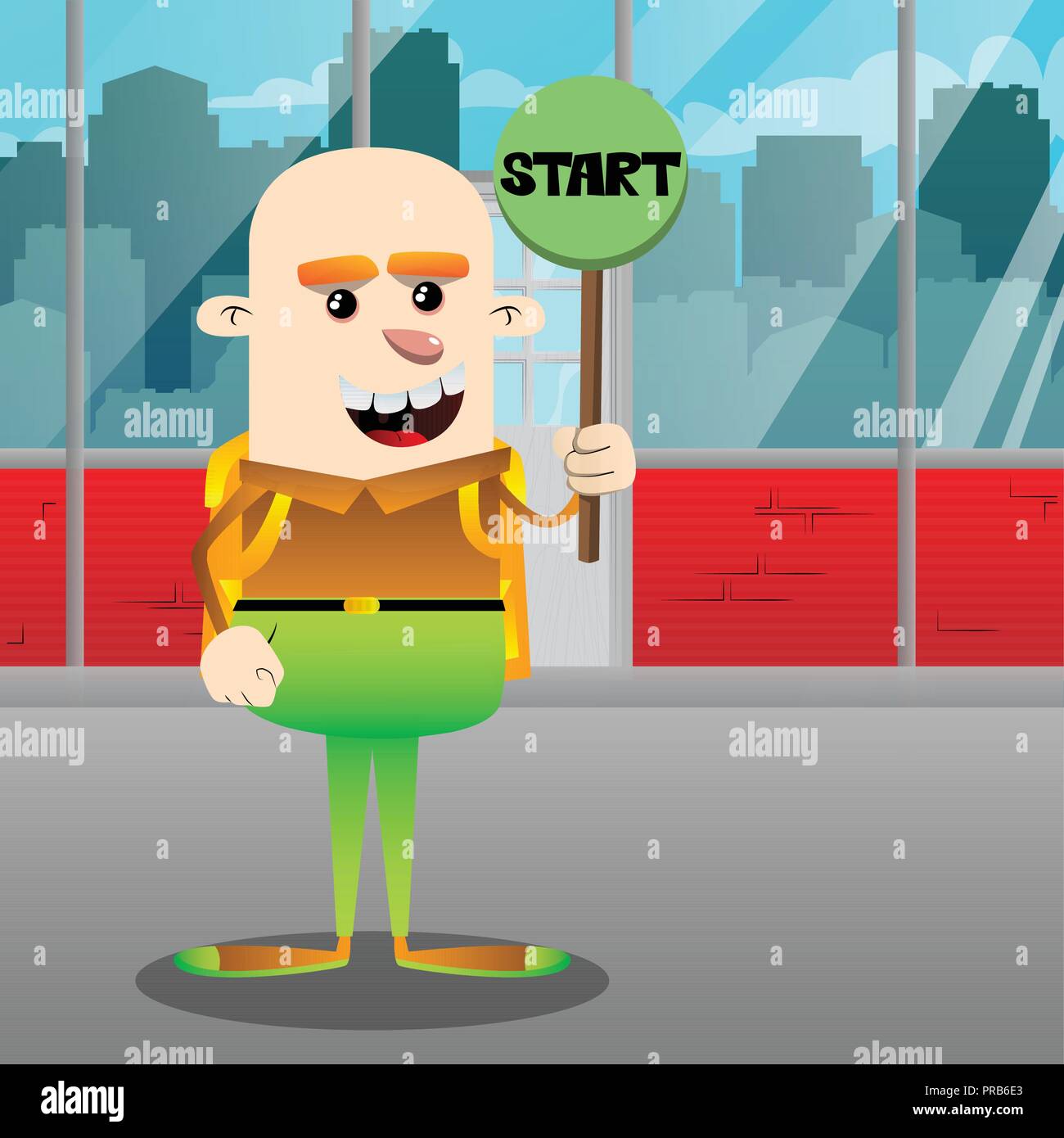 Schoolboy holding start sign. Vector cartoon character illustration ...