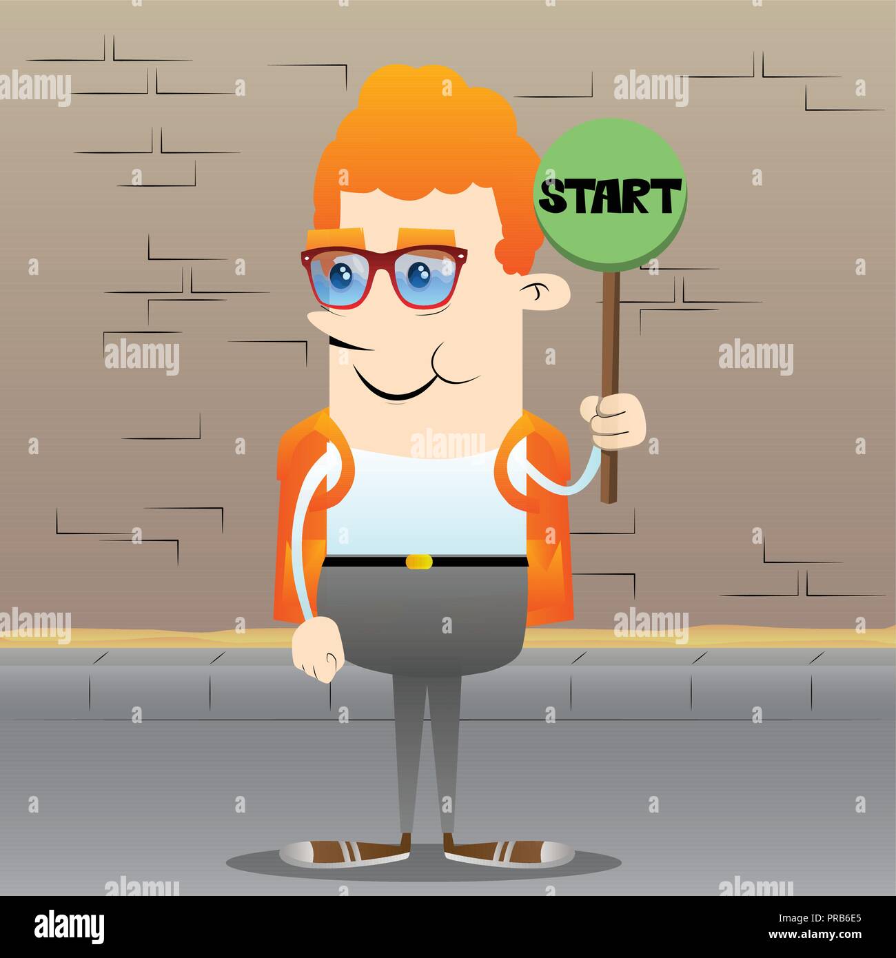 Schoolboy holding start sign. Vector cartoon character illustration ...