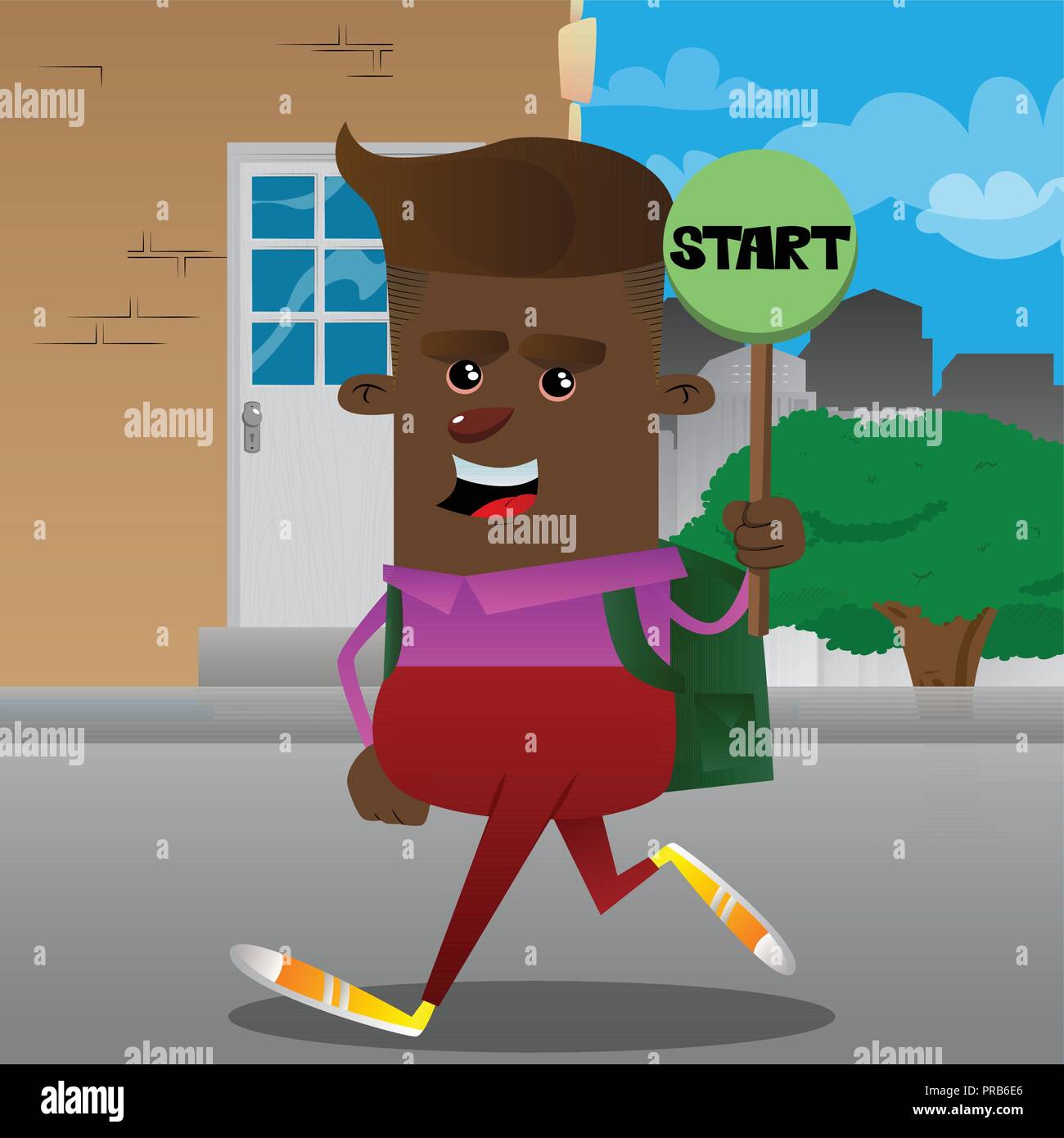 Schoolboy holding start sign. Vector cartoon character illustration ...