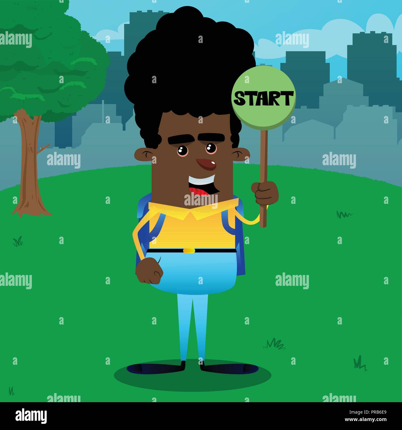 Schoolboy holding start sign. Vector cartoon character illustration ...