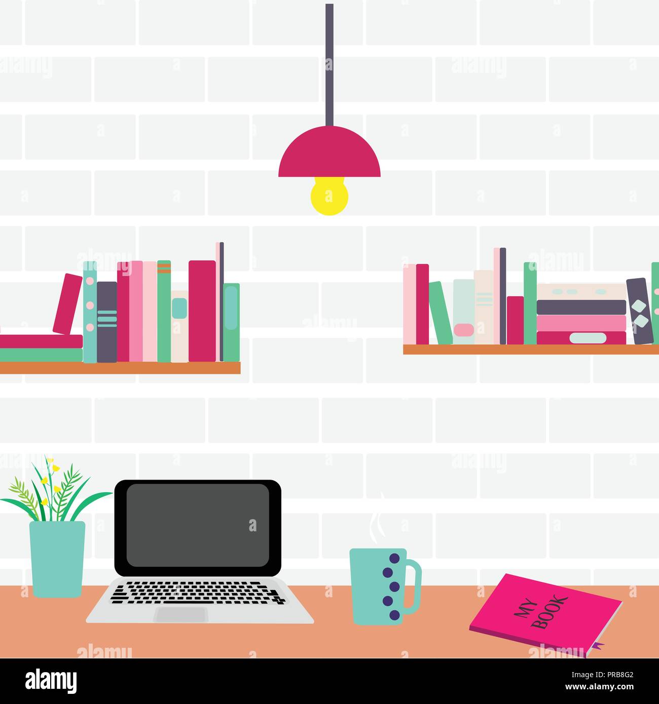 Vector illustration. Workplace. Computer and bookshelves on a brick ...