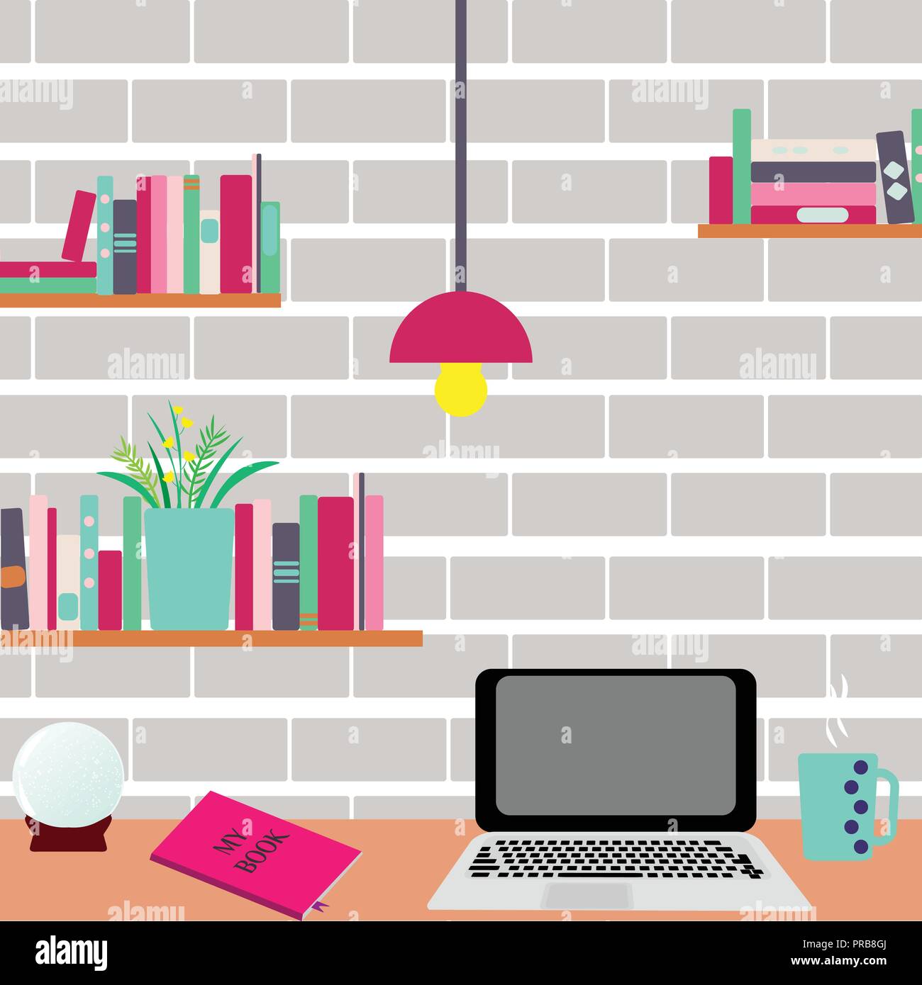 Vector illustration. Workplace. Computer and bookshelves on a brick ...