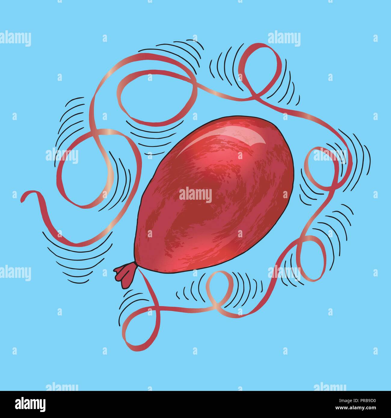 Balloon with ribbon flying in the air. Hand drawing, grunge texture ...