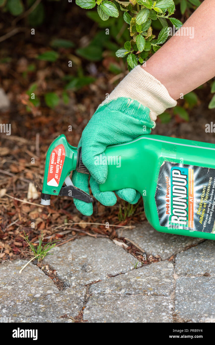 Paris, France - August 15, 2018 : Gardener using Roundup herbicide in a ...