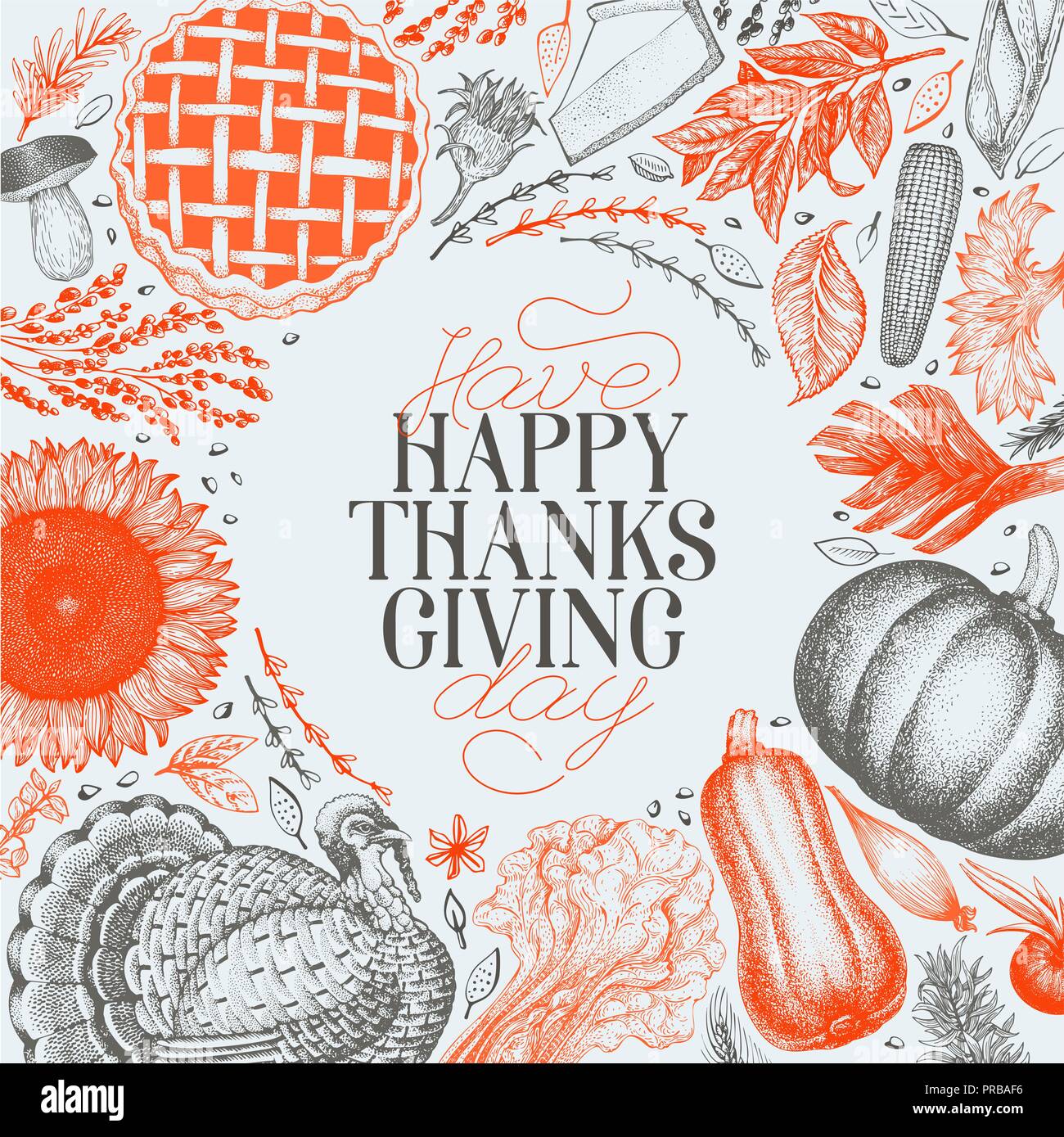Happy Thanksgiving Day design template. Vector hand drawn illustrations ...