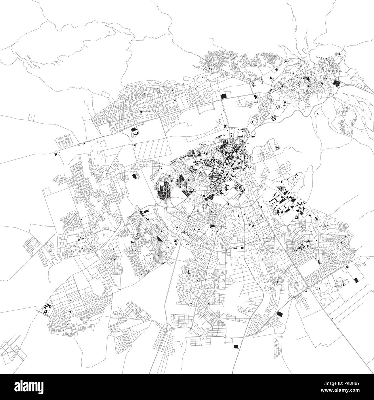 Map of Fez, Morocco, satellite view, black and white map. Street ...