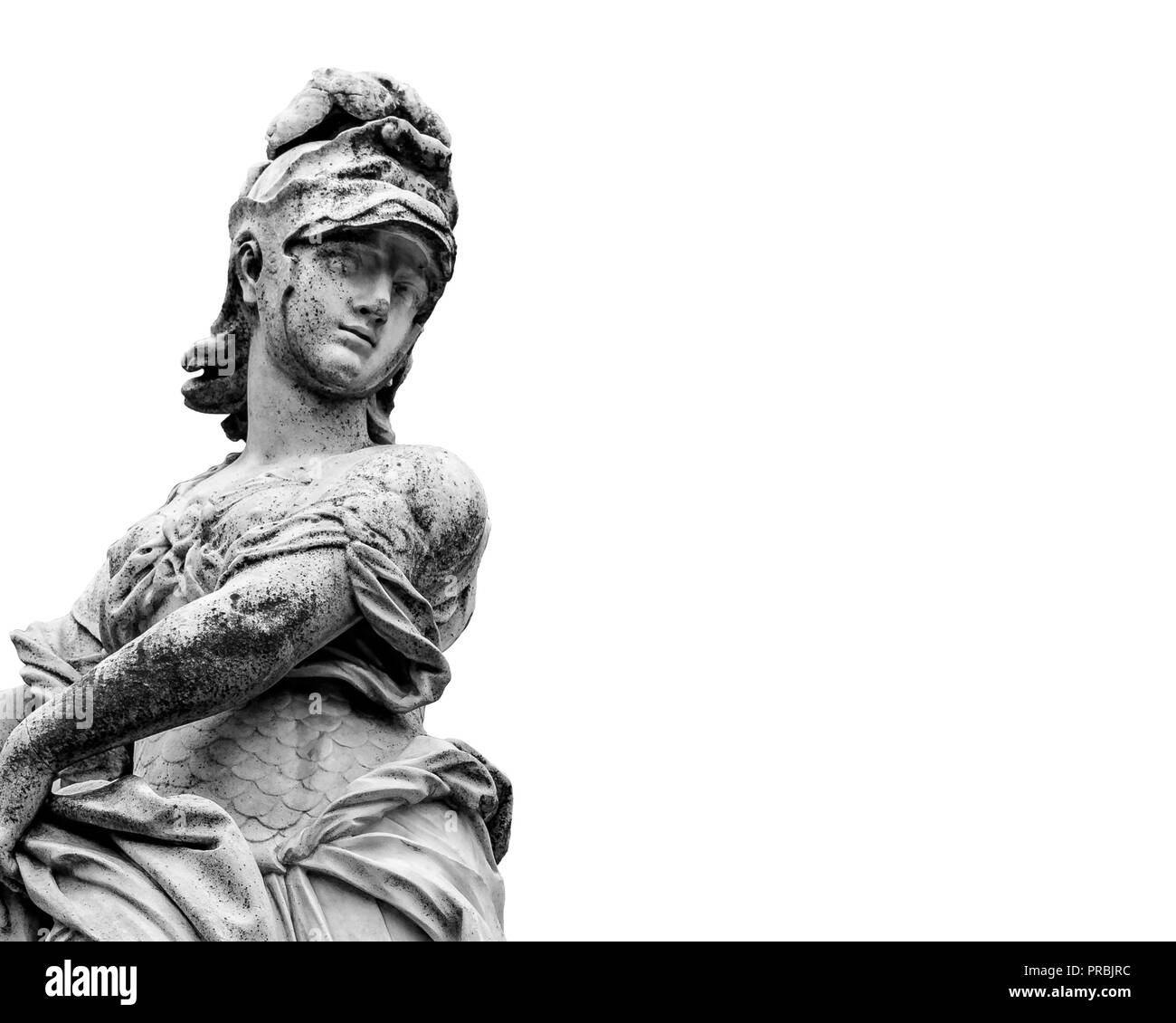 Side view ancient sculpture of warrior man isolated on white background ...