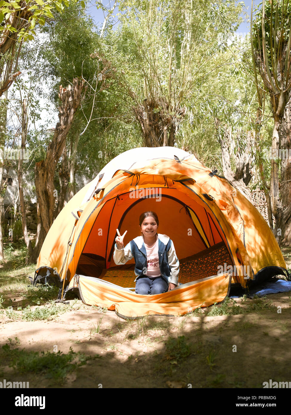 YOUNG INDIAN GIRL IN A TENT, TENTED CAMPSITE, SABOO,LADAKH, JAMMU ...