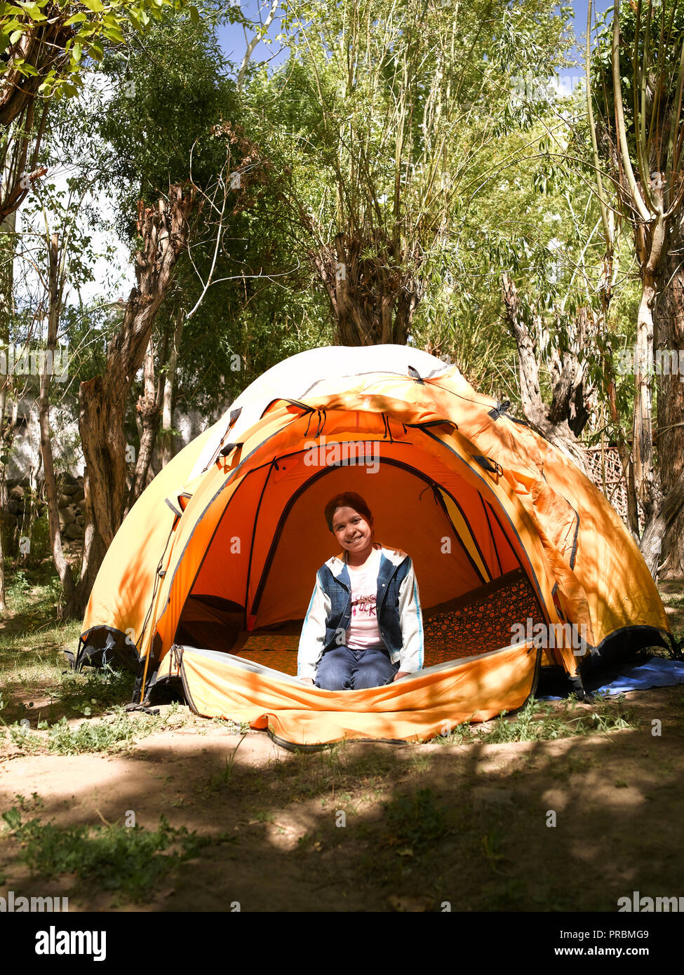 YOUNG INDIAN GIRL IN A TENT, TENTED CAMPSITE, SABOO,LADAKH, JAMMU ...