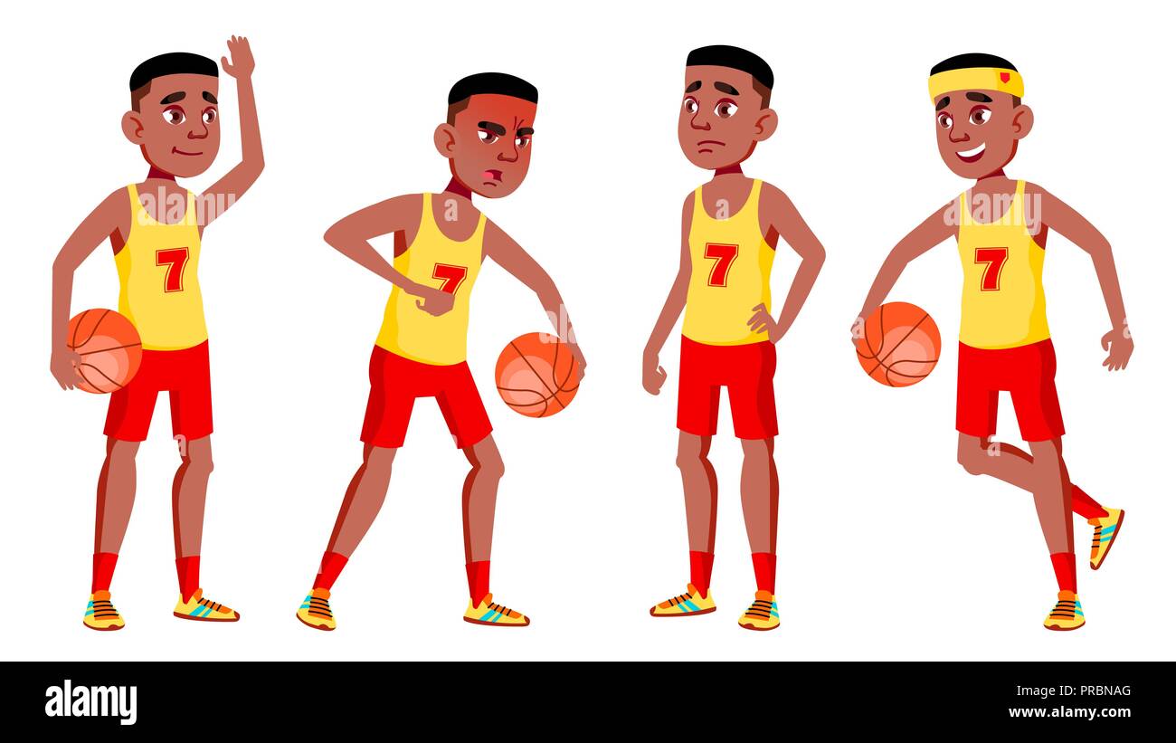 Teen Boy Poses Set Vector. Black. Afro American. Leisure, Smile. For ...
