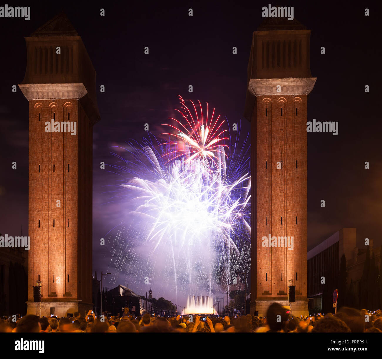 Fireworks of La Merce Festival in night. Barcelona, Spain Stock Photo ...