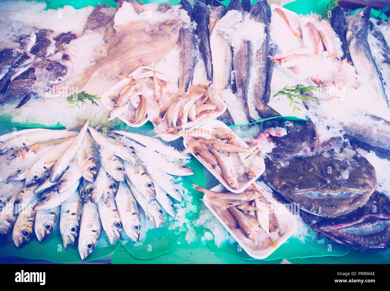 fresh fish on market seafood counter, close up Stock Photo - Alamy