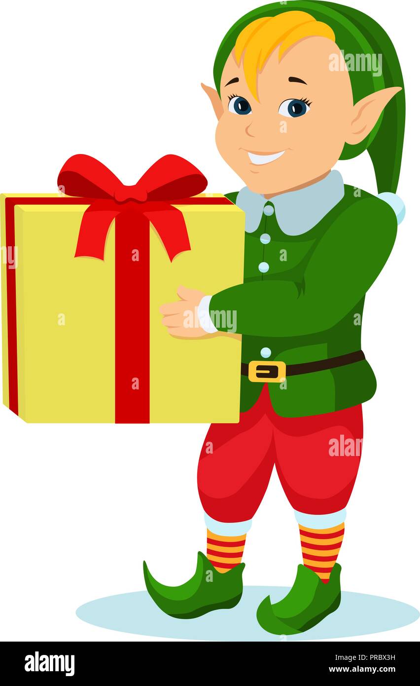 Vector cartoon christmas elf with a gift Stock Vector Image & Art - Alamy