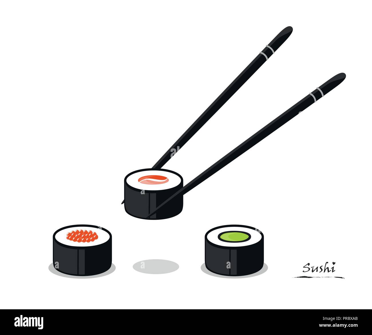 colorful sushi different types with chopsticks isolated on a white background vector ...