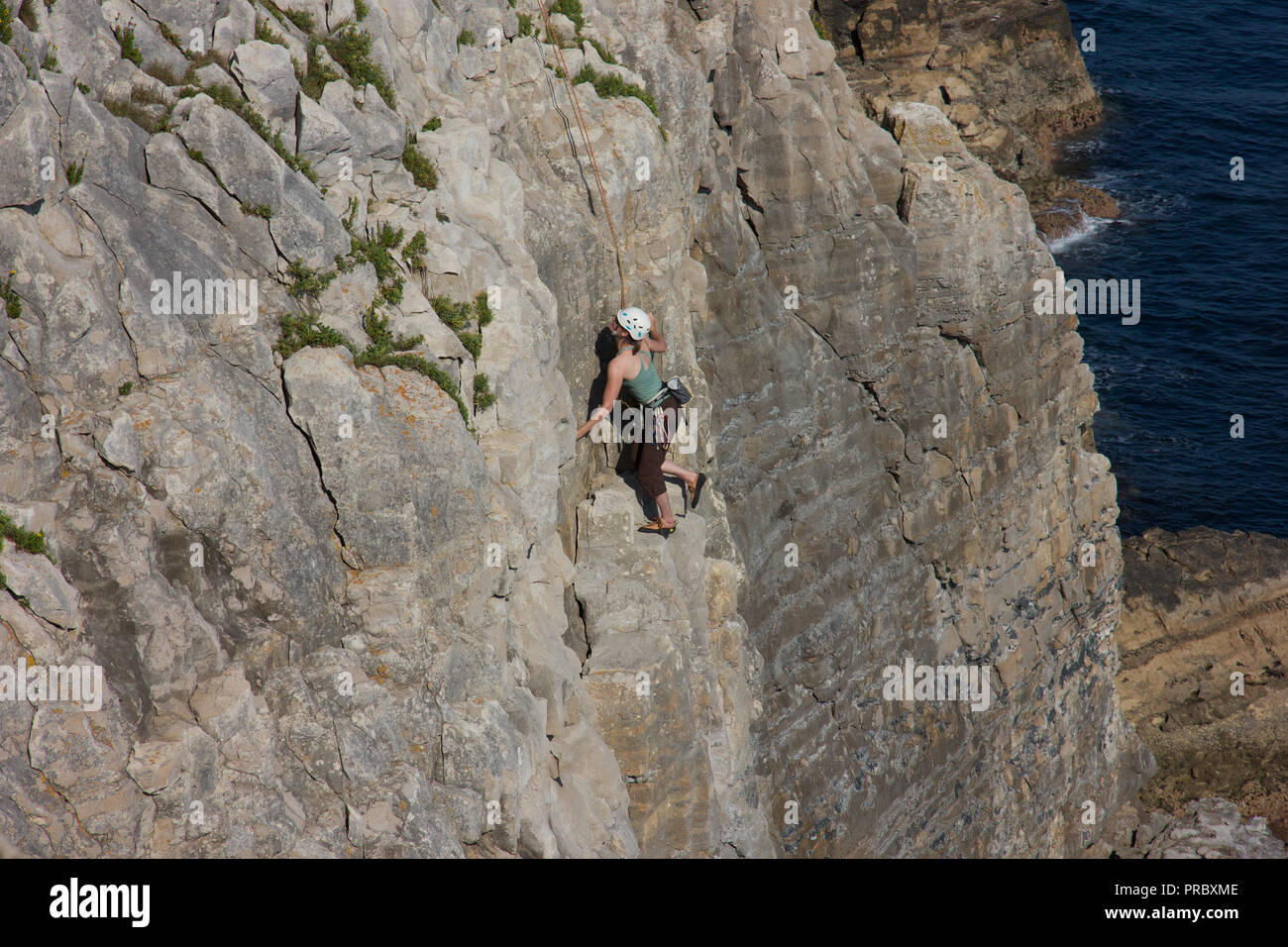 A woman climbing a sea cliff near Swanage, Dorset Stock Photo - Alamy