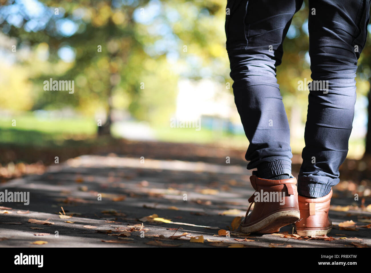 Autumn Park man walking along a path in foliage Stock Photo - Alamy