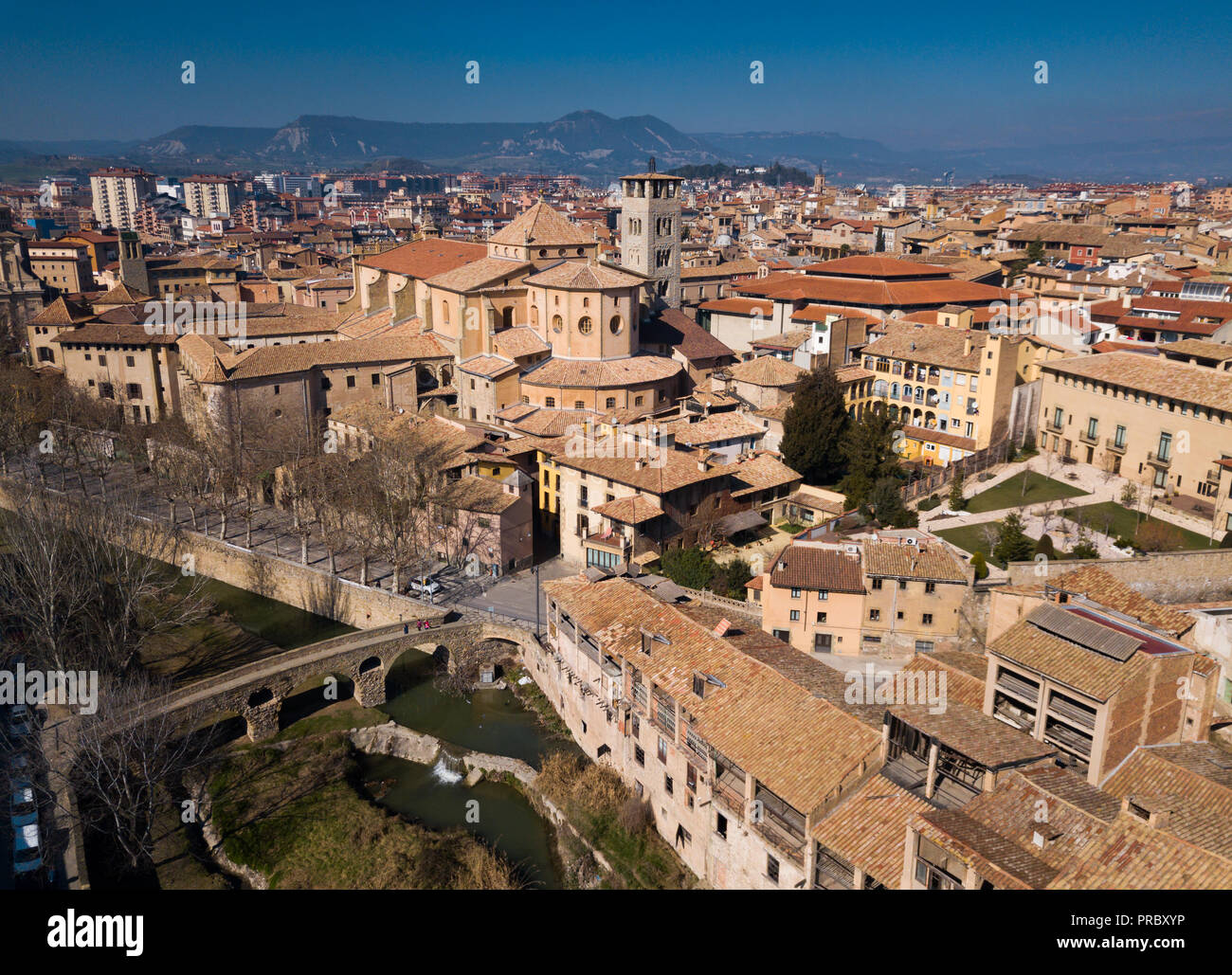 Aerial view of historic centre of Vic with Cathedral close to river and ...