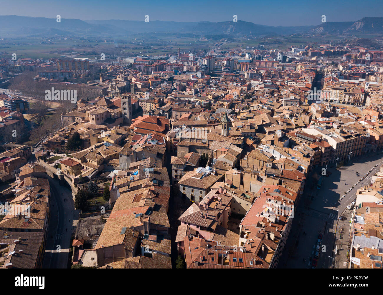 Views of houses and nature of ancient city Vic in Catalonia from high ...
