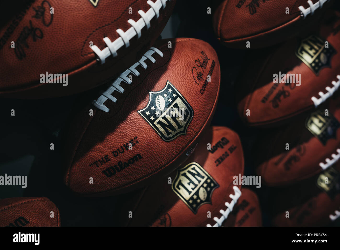 NEW YORK, USA - MAY 28, 2018: Rows of american football balls in NFL ...