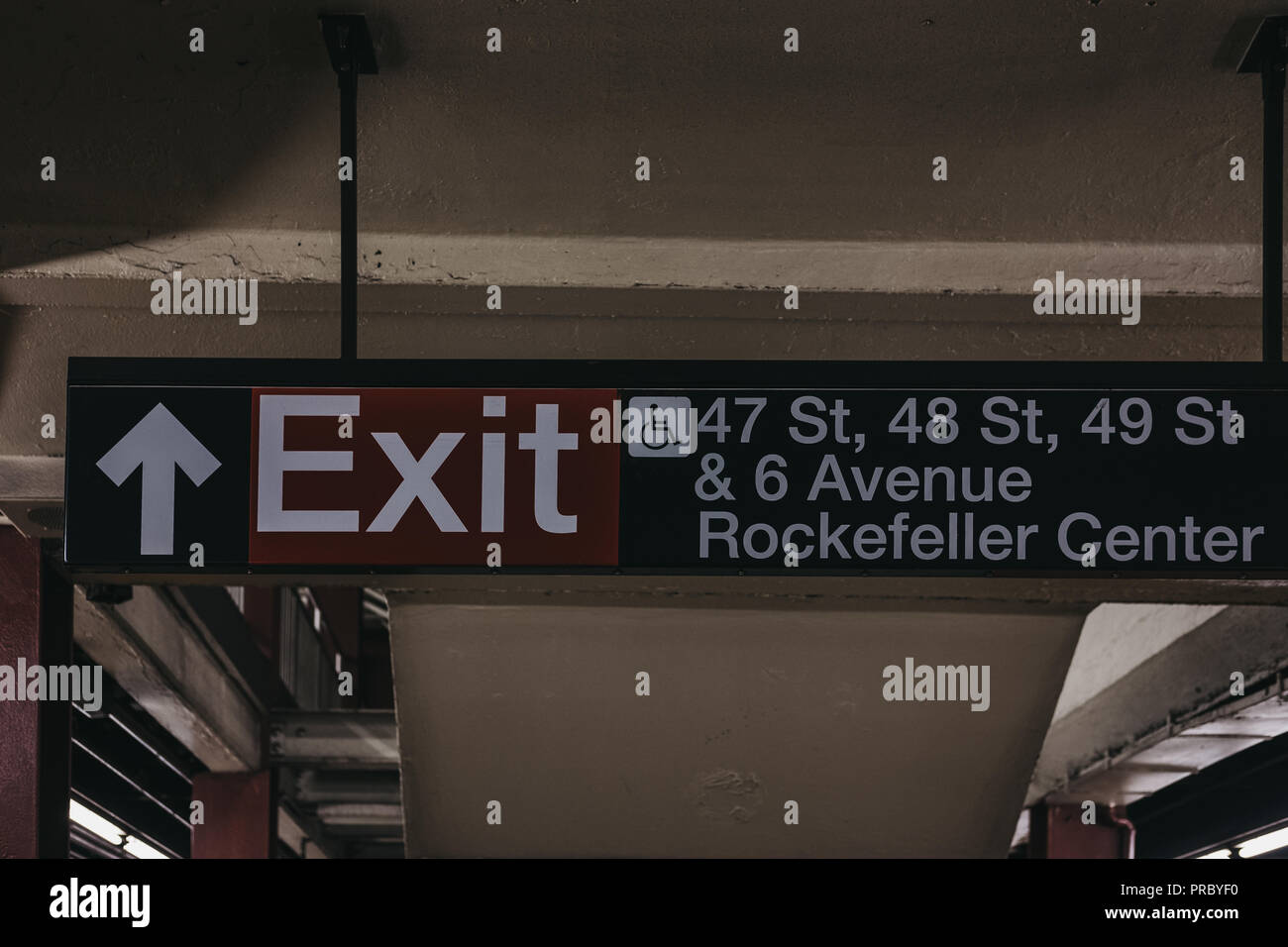 New York, USA - May 31, 2018: Subway exit sign to 47s,48s,49s street ...