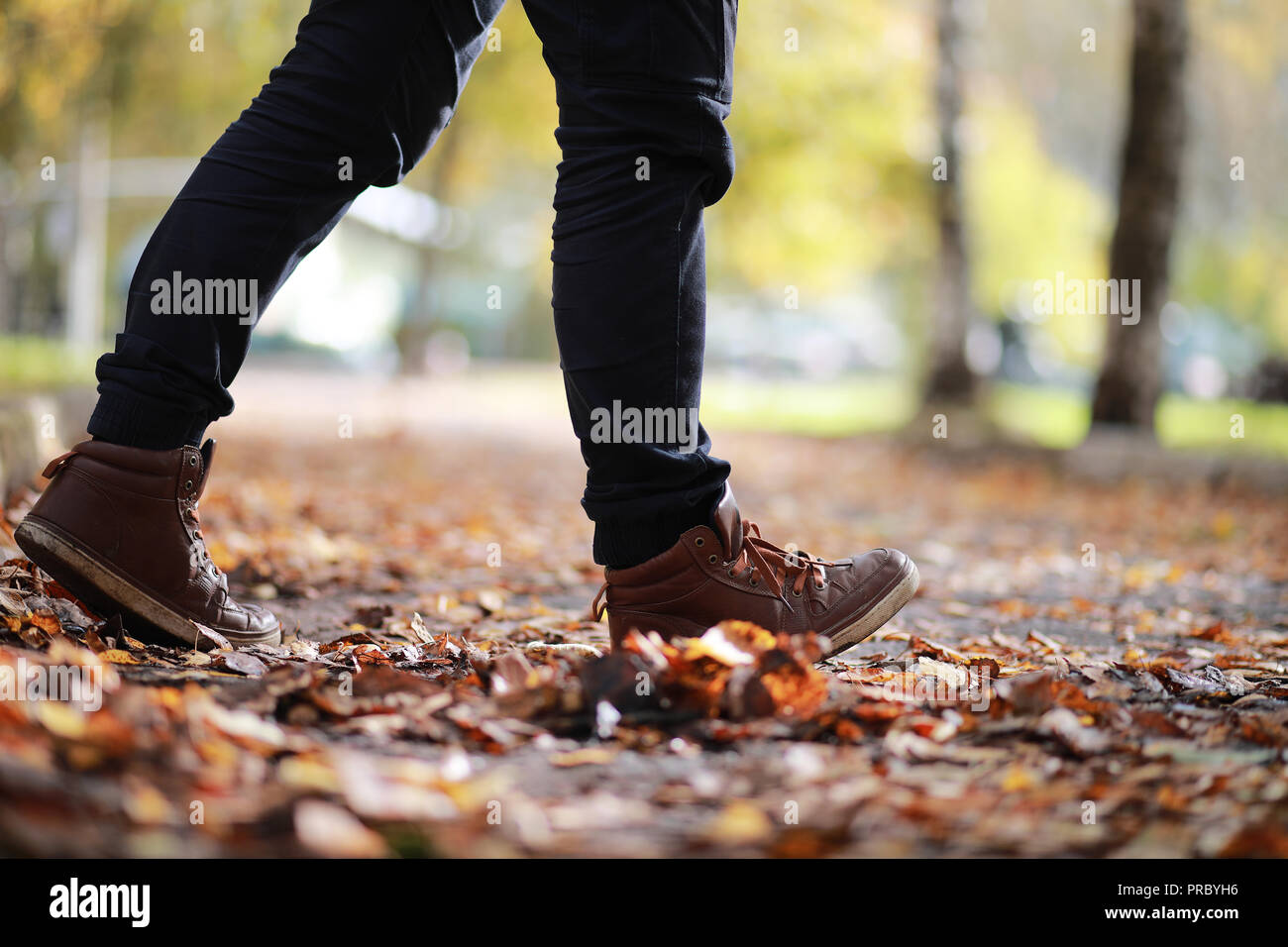 Autumn Park man walking along a path in foliage Stock Photo - Alamy