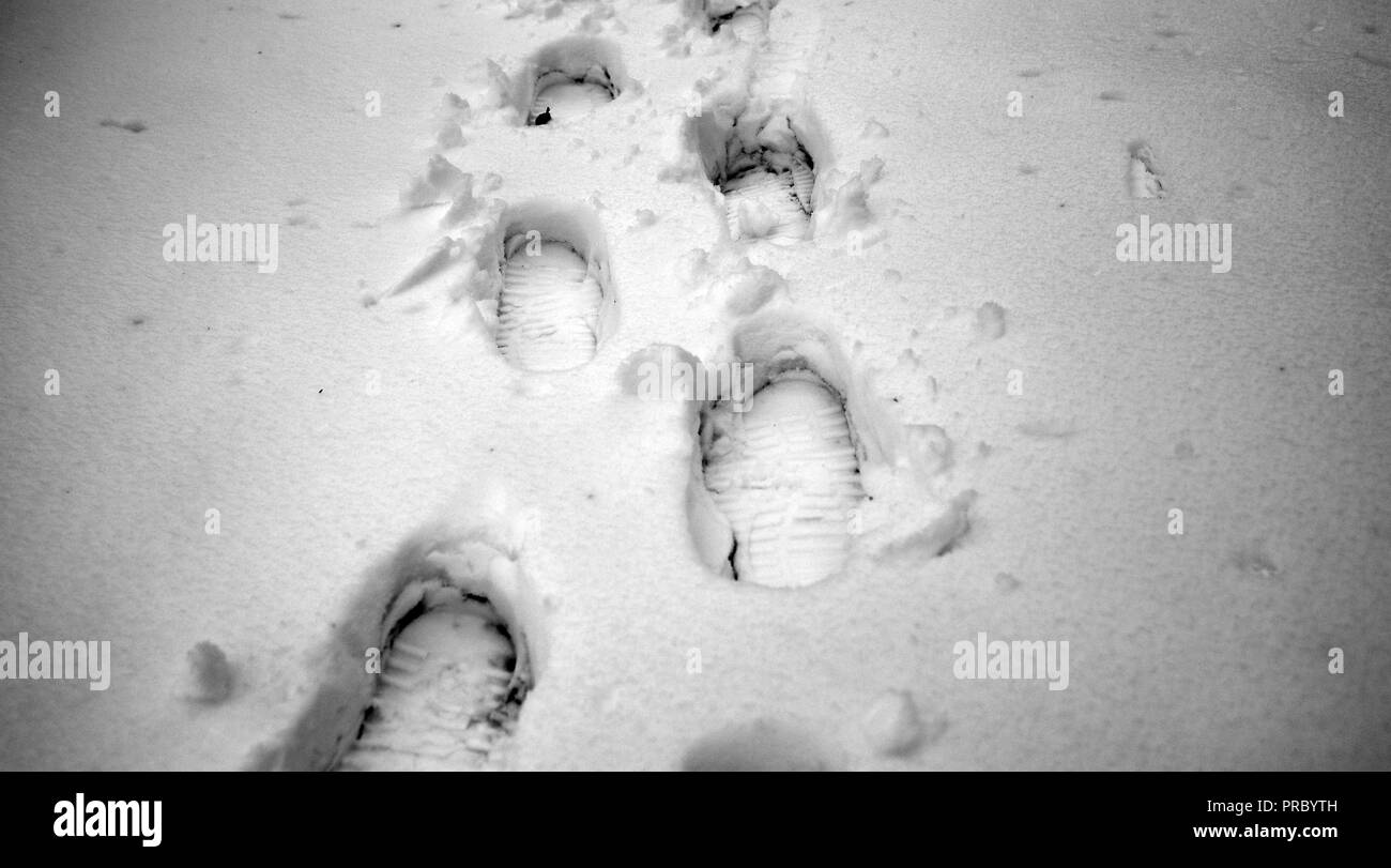 Footprints in the snow. Footprints on the first snow. Imprint of shoes ...