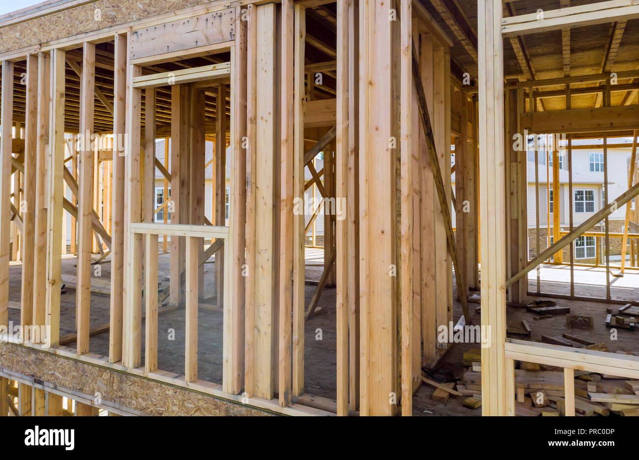 Residential construction home framing view on new house wooden under ...