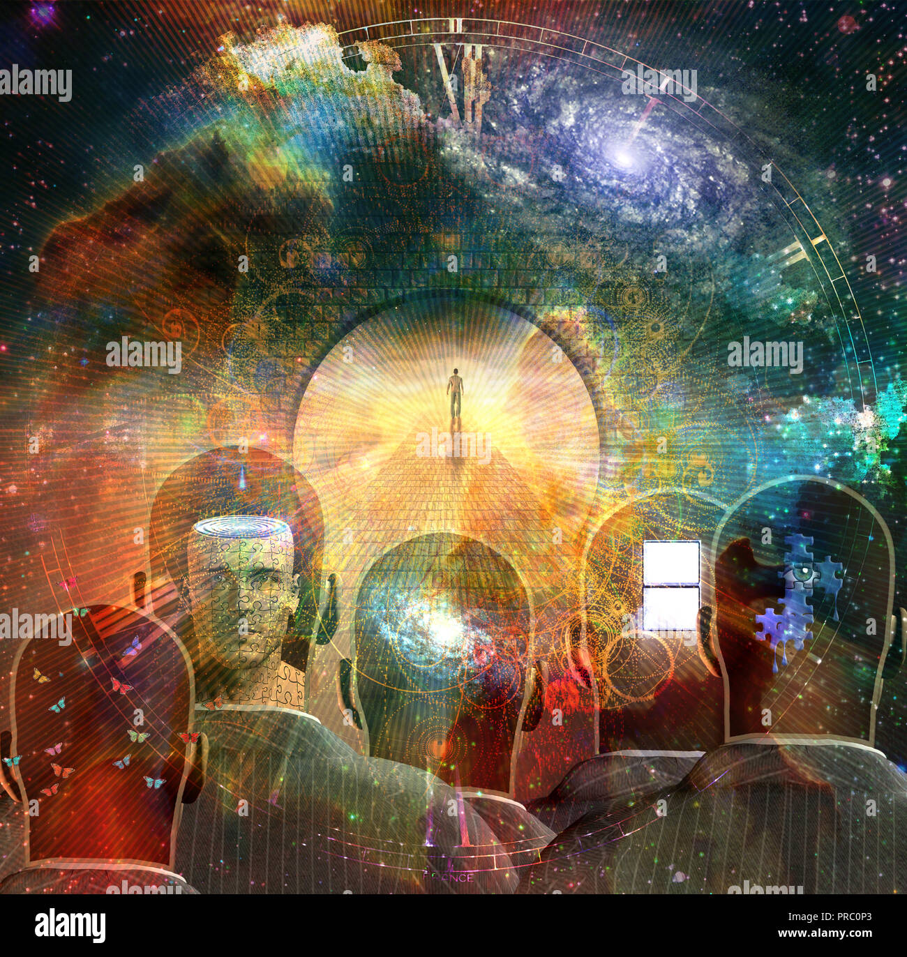 Surrealism. Man walks on a stone road in the space. Men's heads with ...