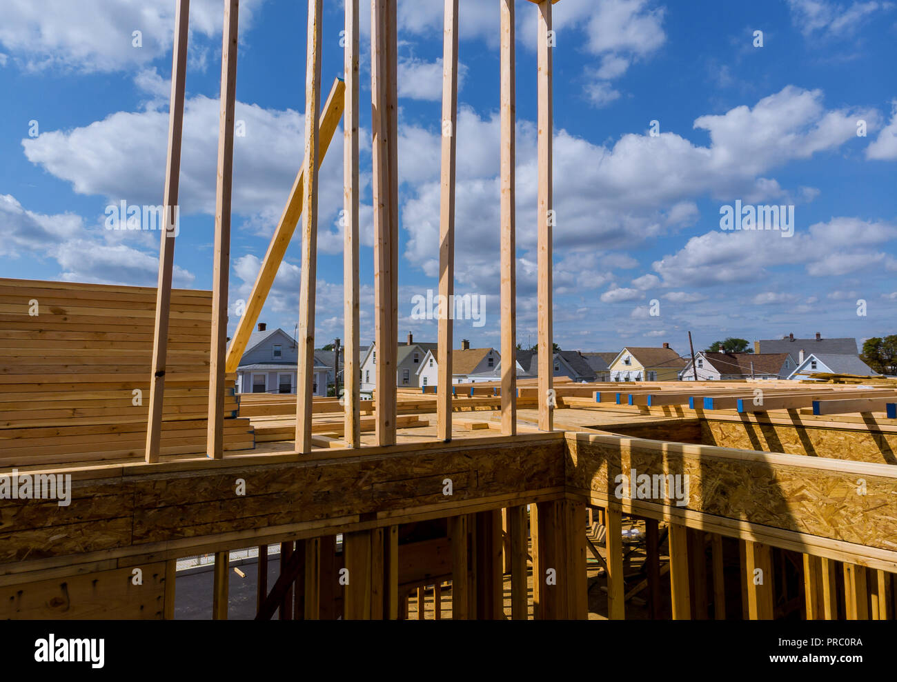 Framing structure wood frame of wooden houses home. Closeup new stick ...