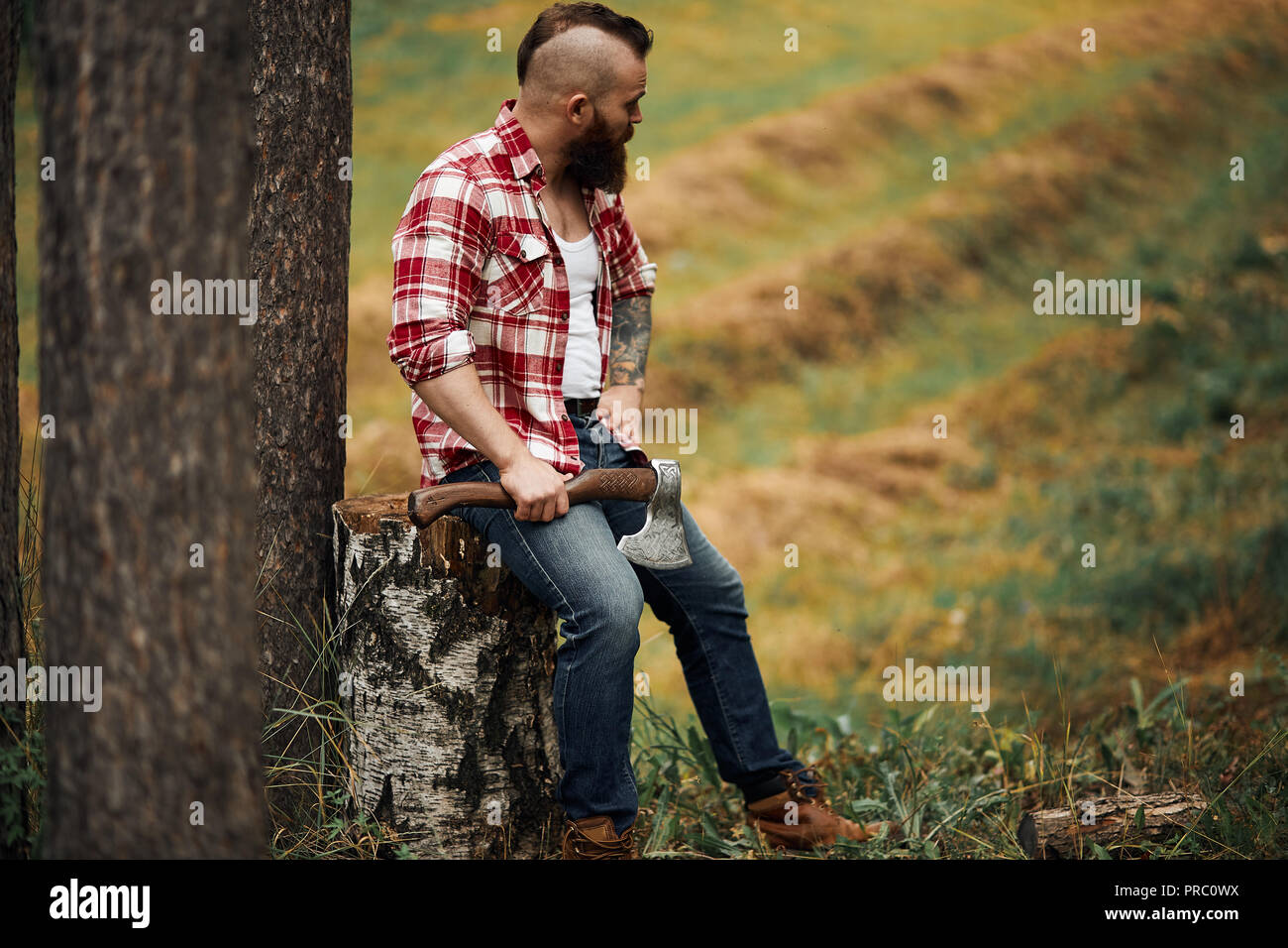 Lumberjack sitting in forest resting after hard work Stock Photo - Alamy
