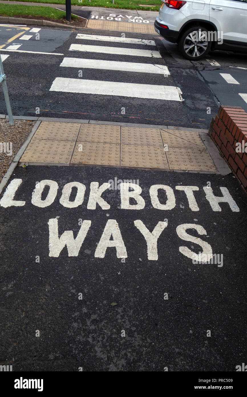 Look Both Ways sign on a pedestrian road crossing at The Rotherham ...