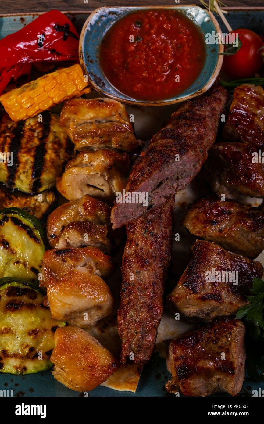Grilled plate mix assortment meat Stock Photo - Alamy