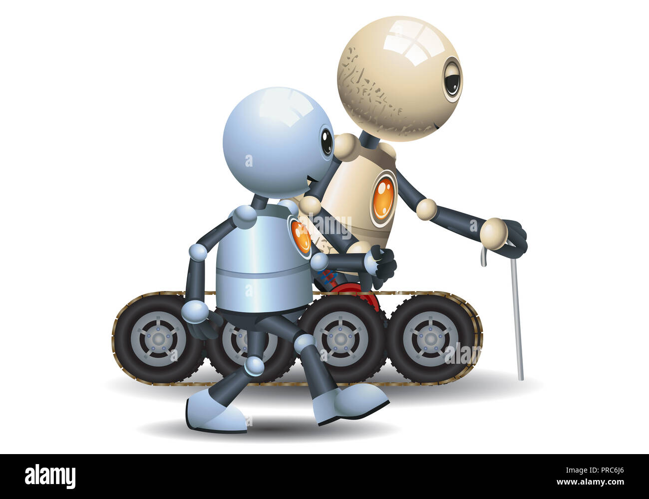 illustration of a happy little robot walking with it grand father on ...