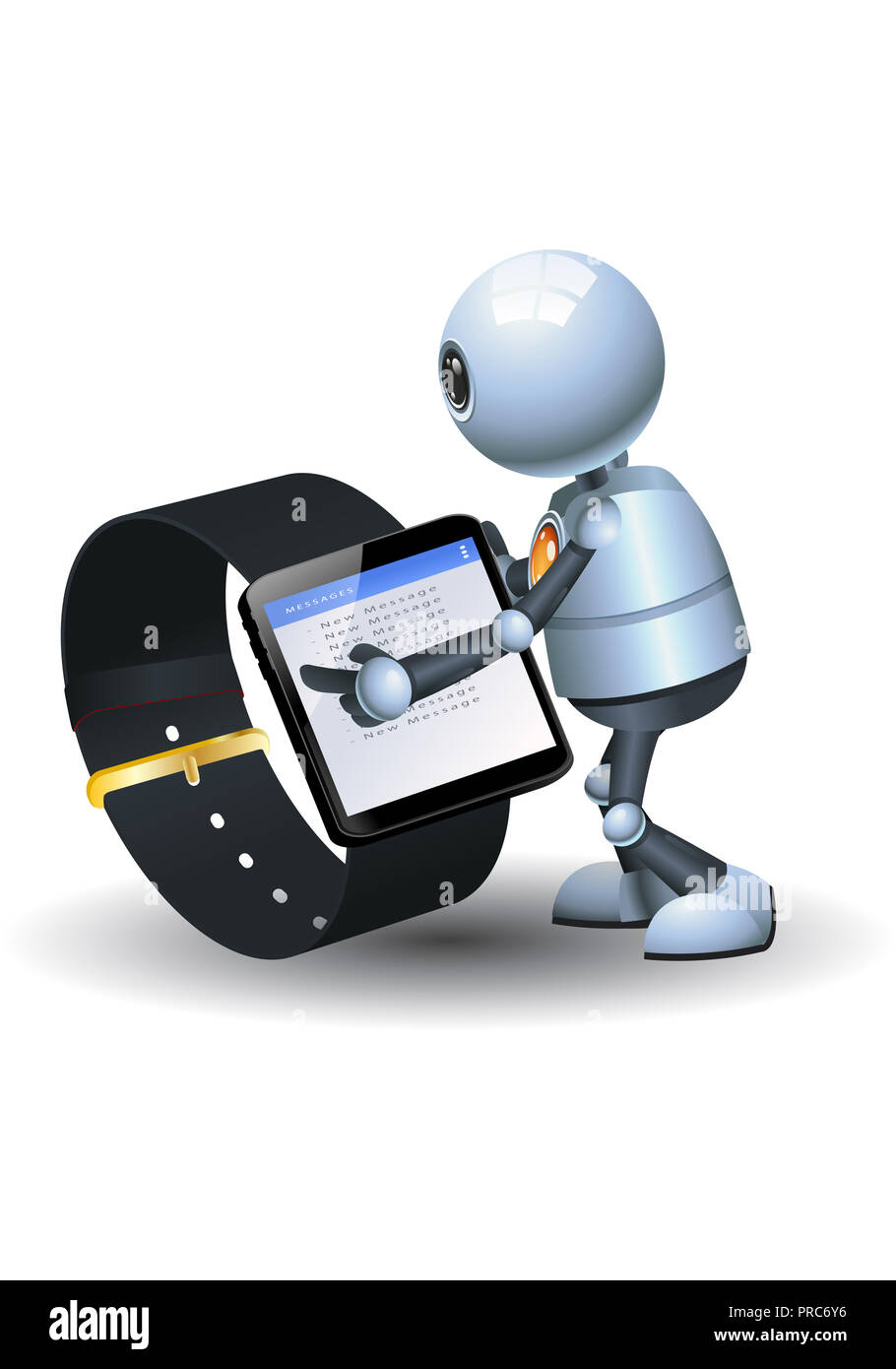 illustration of a happy little robot using new technology smart watch ...