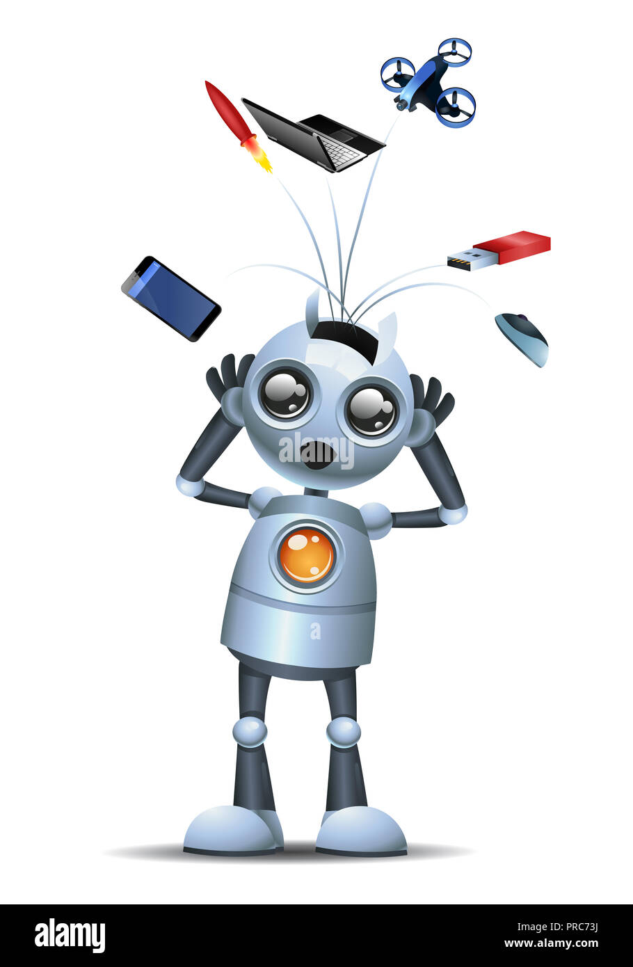 illustration of a happy little robot full of ideas about new technology ...