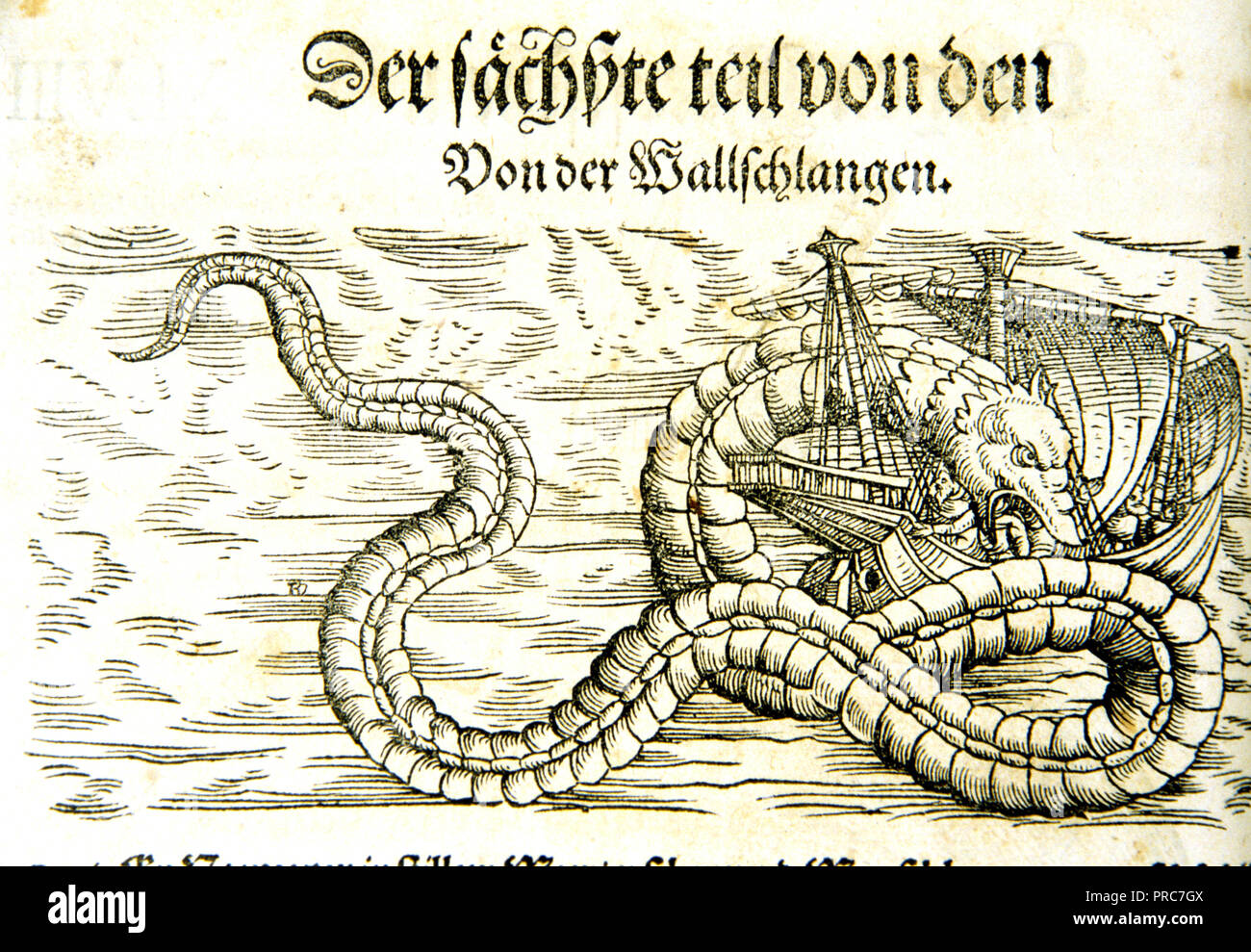 Woodcut illustration of a gigantic snake devouring a ship and men ...