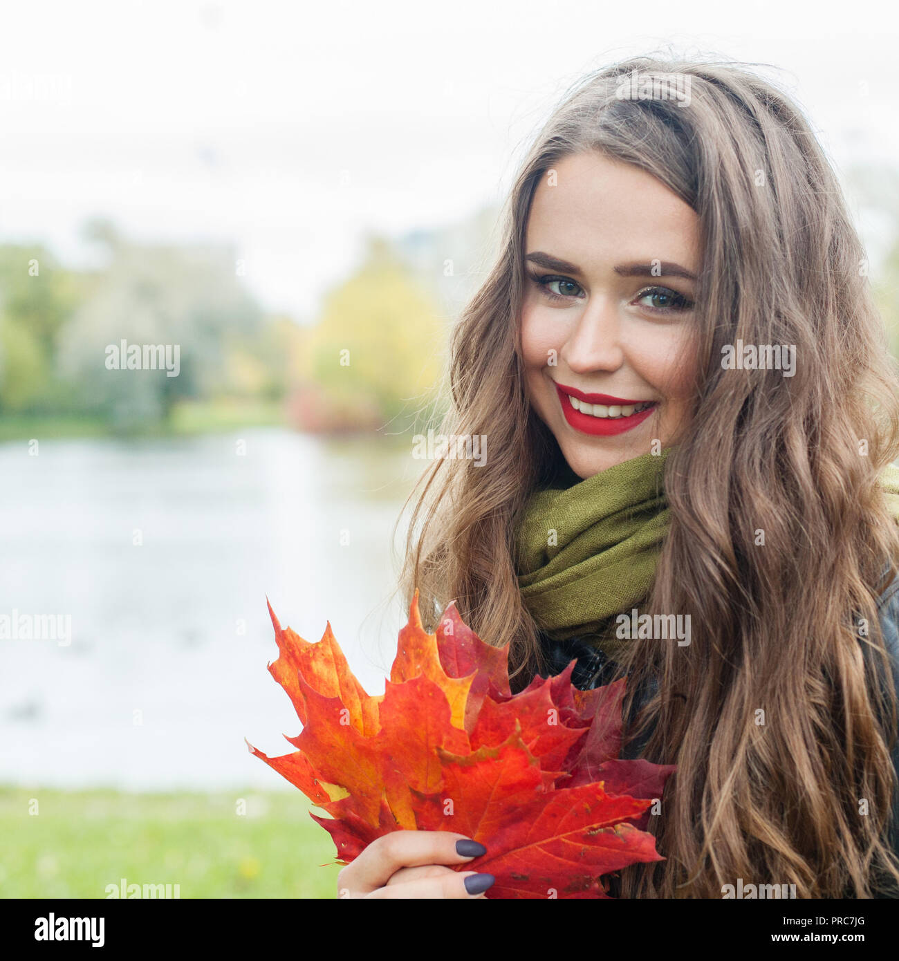 Autumn portrait of young beautiful woman with red fall leaves Stock ...