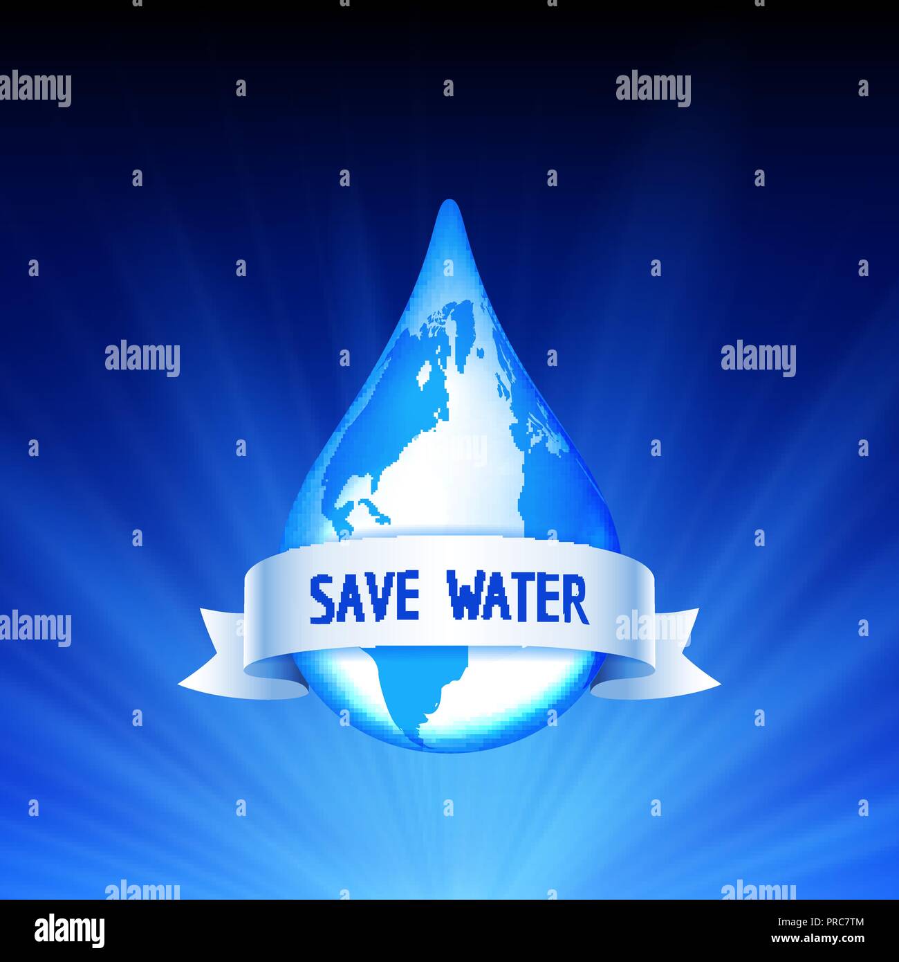 Vector drop with white ribbon on the blue sunburst background. Save the ...