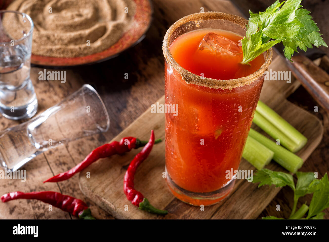 A delicious spicy bloody caesar cocktail with vodka, tomato juice, clam ...