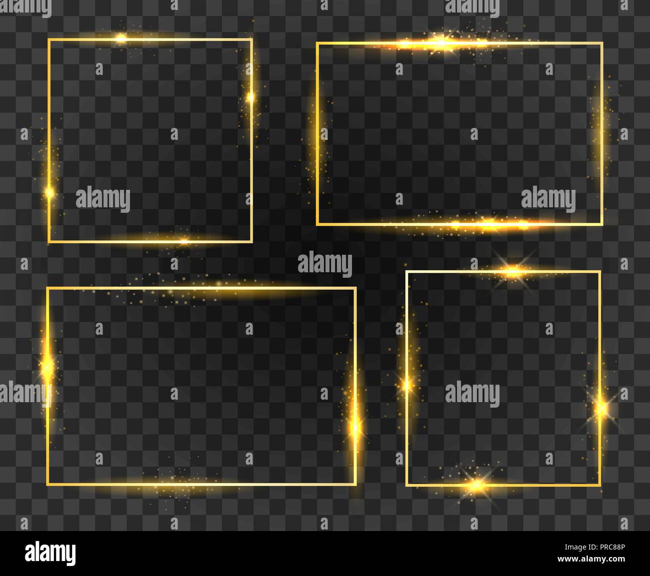 Glow frames. Golden shiny frame set isolated on transparent background, gold fashion glowing ...