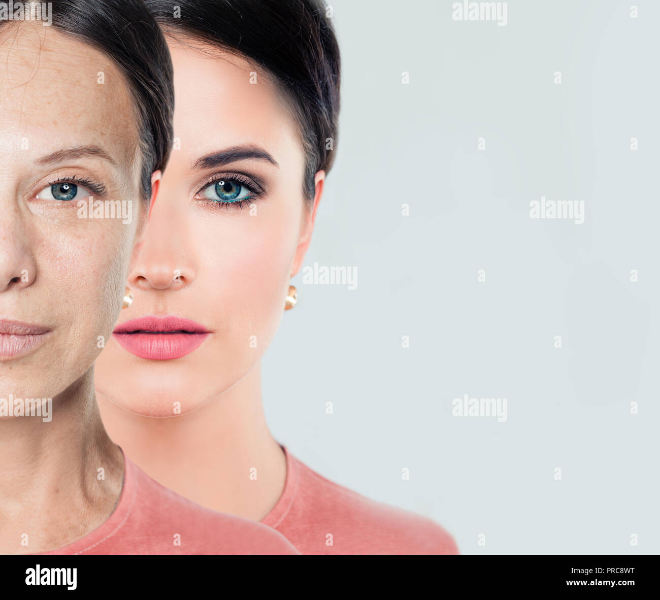 Young and older woman. Aging and youth concept. Before and after, youth ...