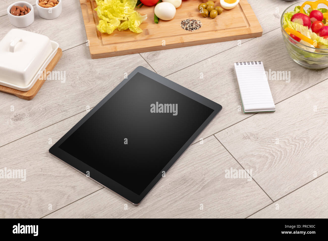 Healthy food composition with empty tablet Stock Photo - Alamy