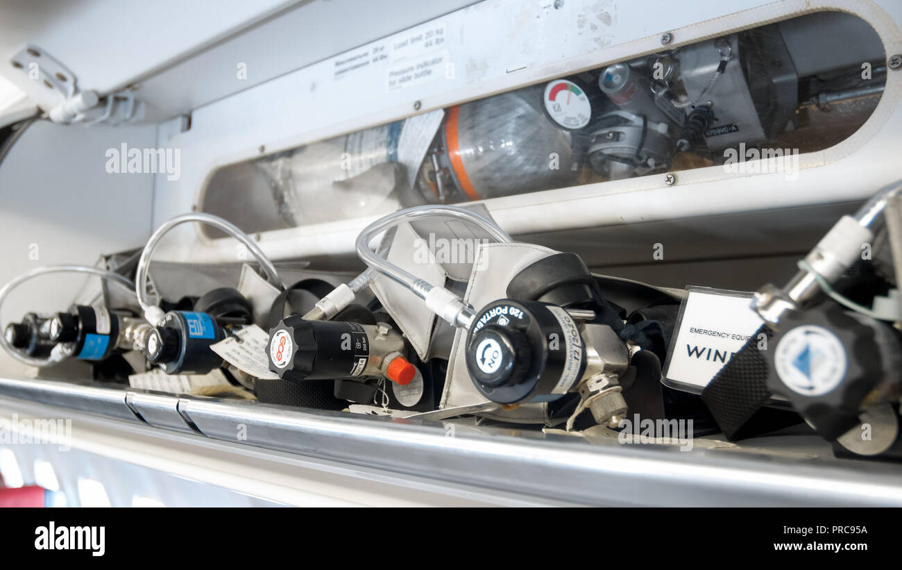 Closeup photo of emergency safety system on modern passenger aircraft ...
