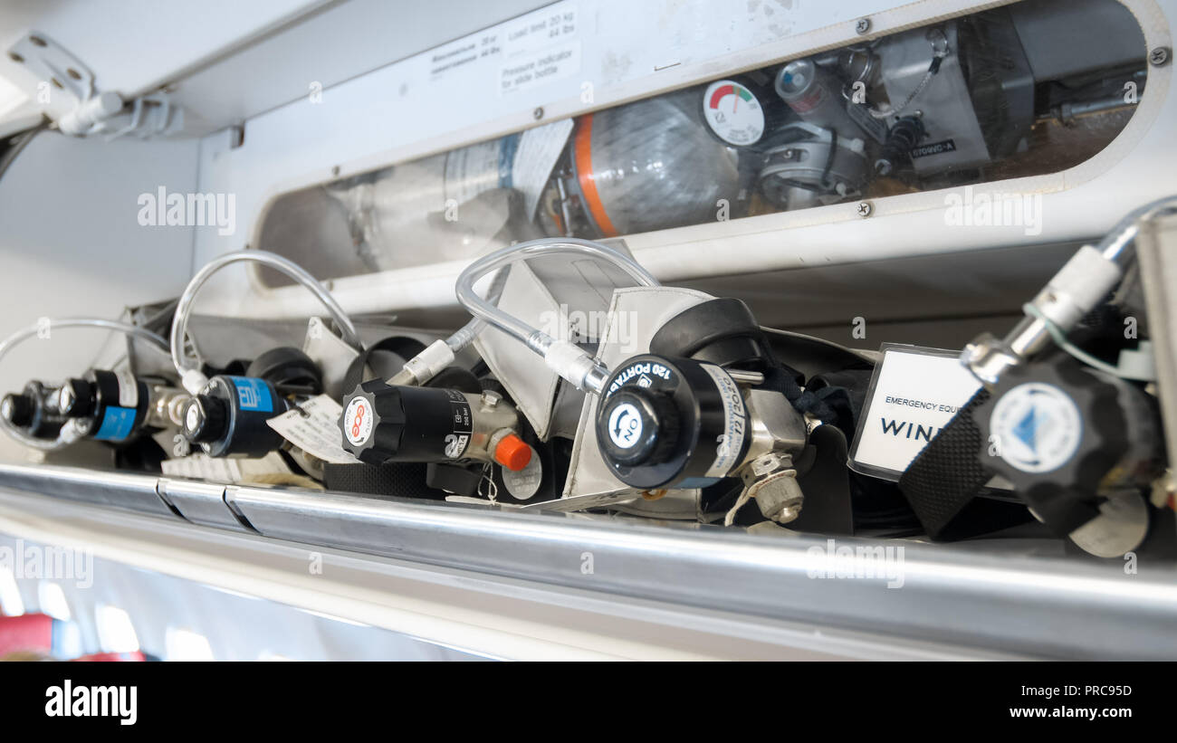 Closeup photo of pressure valves on emergency oxygen cylinders in jet ...