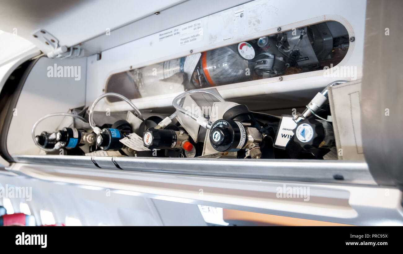 Closeup image of oxygen cylinders in emergency case on modern jet ...