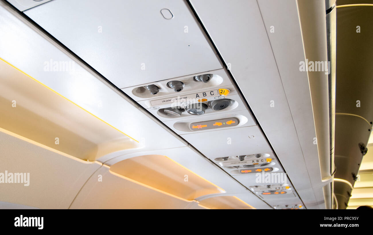 Closeup photo of control panel on ceiling of passenger jet airplane ...
