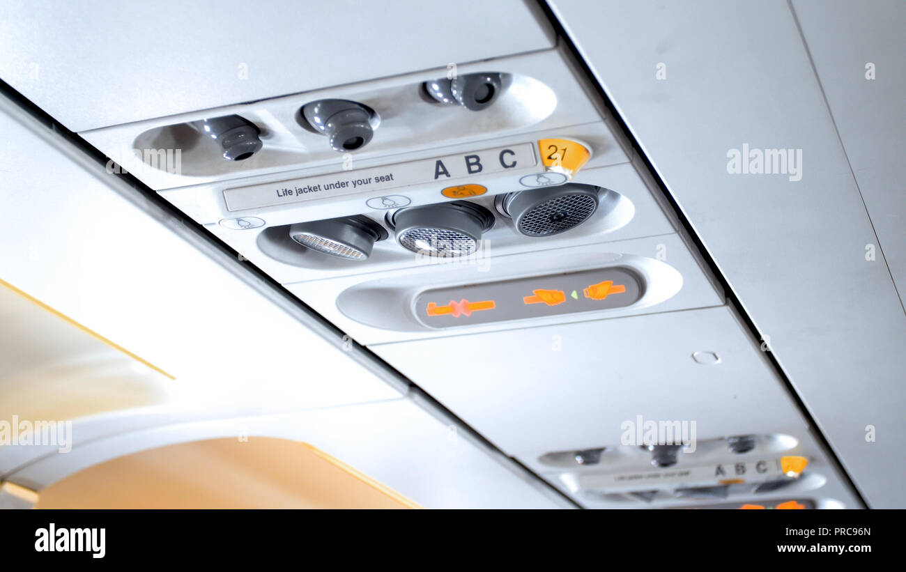 Closeup photo of control panel with emergency signs and air conditioner ...