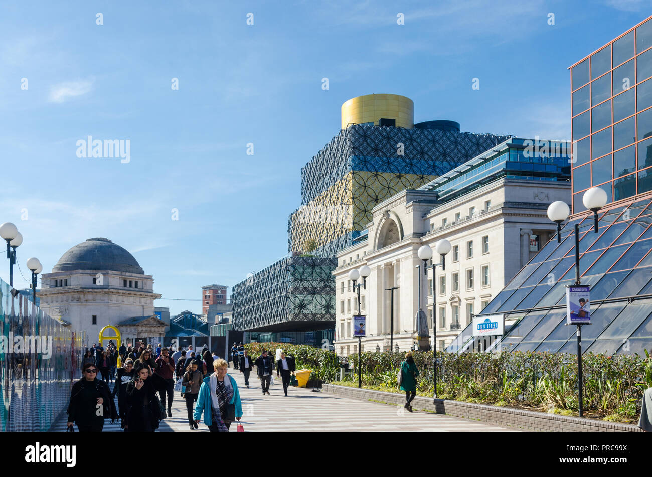Contrast of old and new buildings in Centenary Square, Birmingham including the Hall of Memory ...