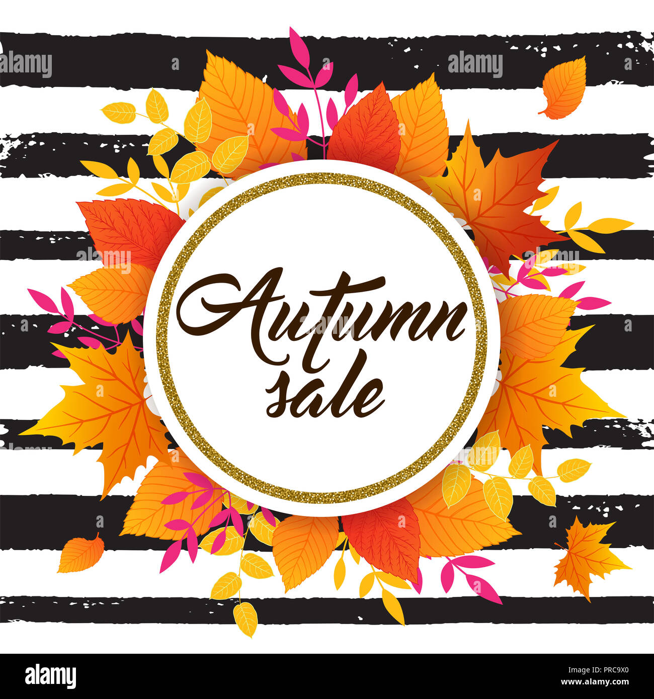 Autumn background with orange falling leaves and black strips. Abstract ...